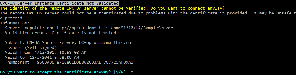 Examples - OPC UA Interaction - Accept instance certificate